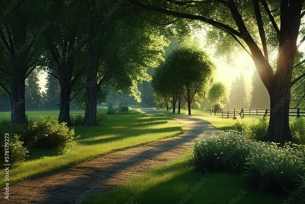 Beautiful public park with green grass field on morning light Created ...