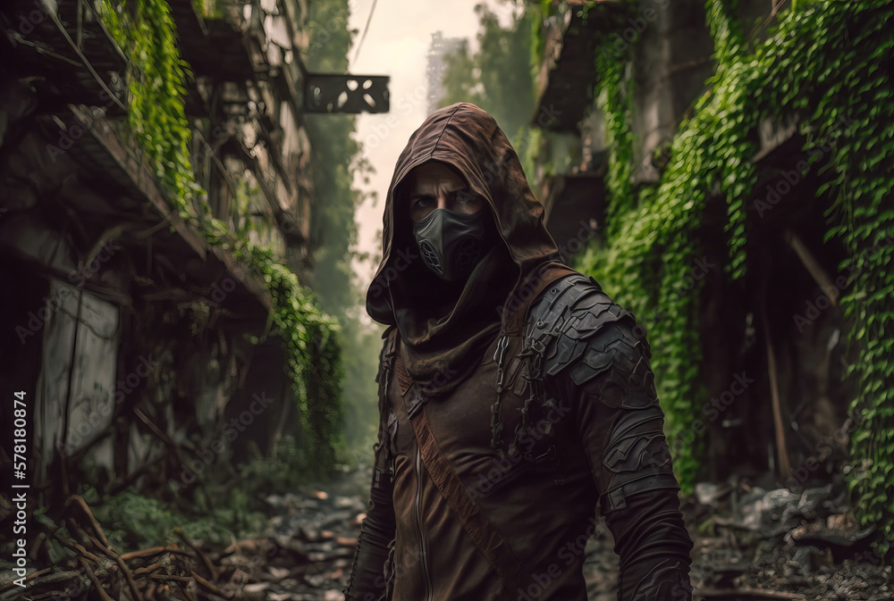 Stalker explores the street of an abandoned city. Realistic digital ...