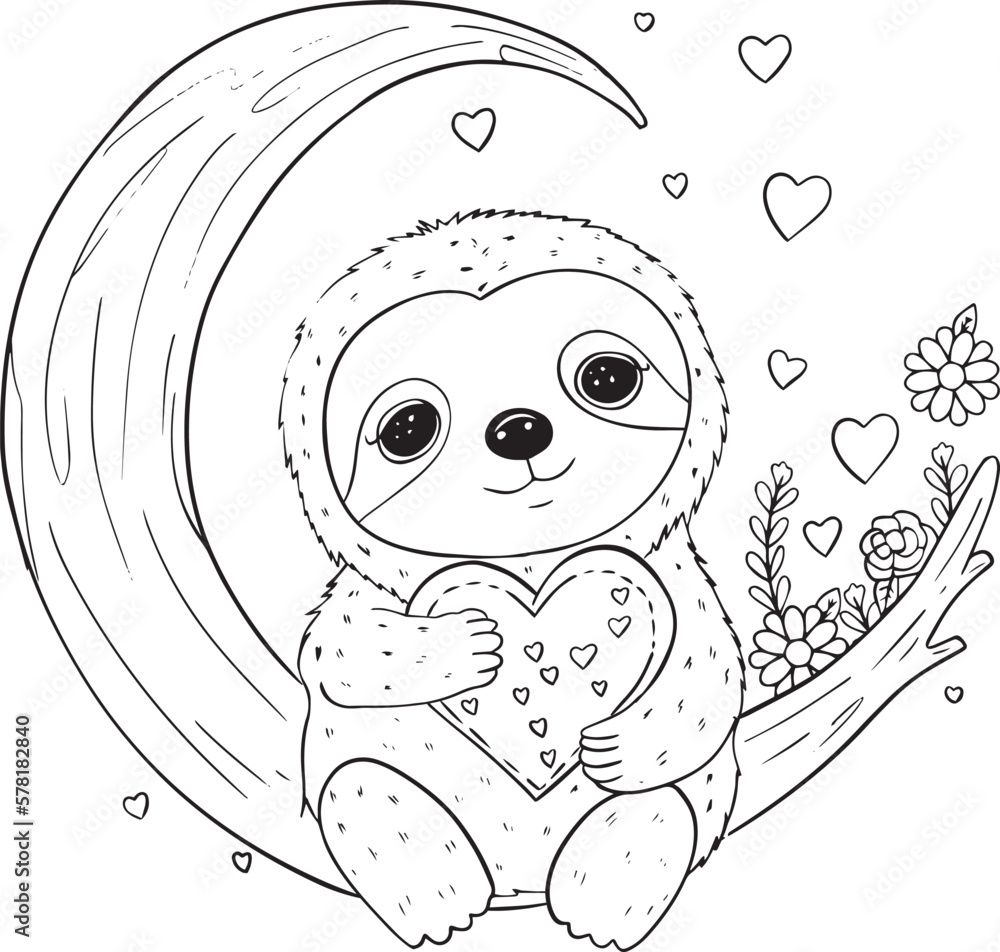 Cute sloth sitting on wood. Valentine's day. Hand drawn with black and ...