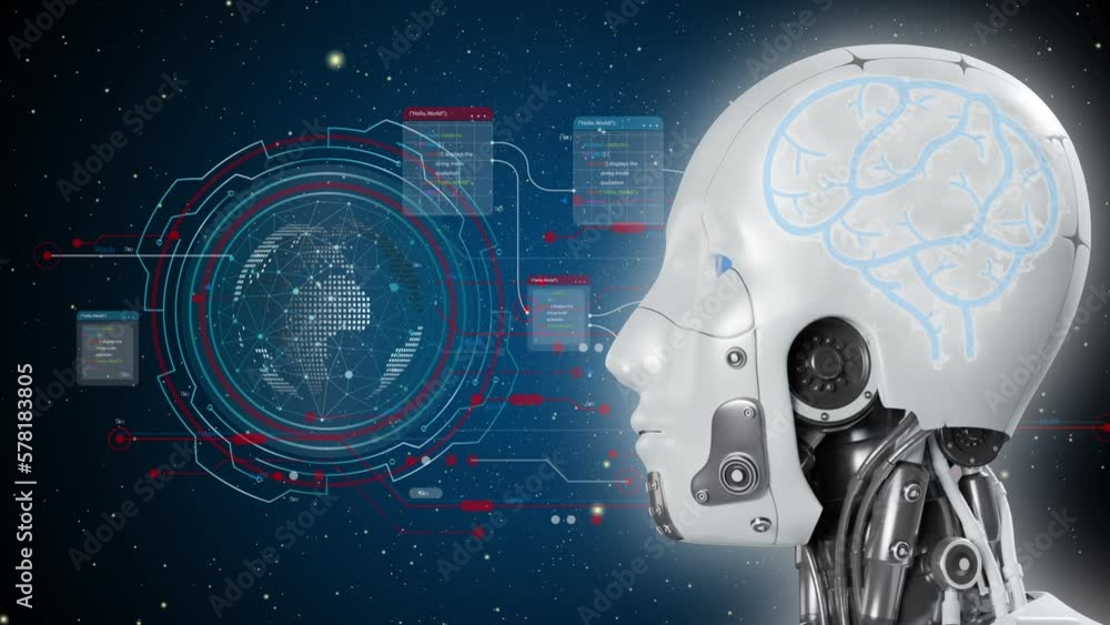 Robot head with brain shows rotating earth hologram. AI artificial intelligence, machine ...