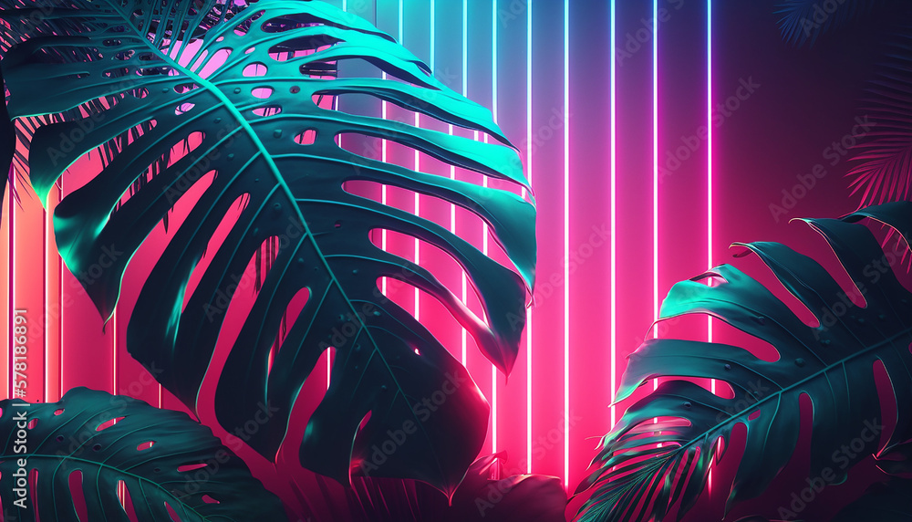 Stylized retro neon pink and teal colored Monsterra leaves and palm ...