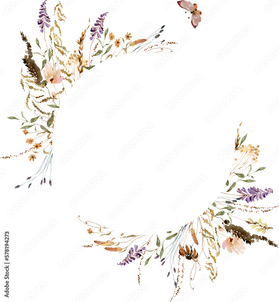 Wildflowers, herbs boho border painted in watercolor. Subtle, delicate ...