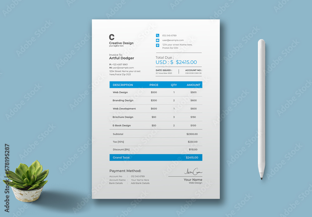 Clean Invoice Design Template Stock Template | Adobe Stock