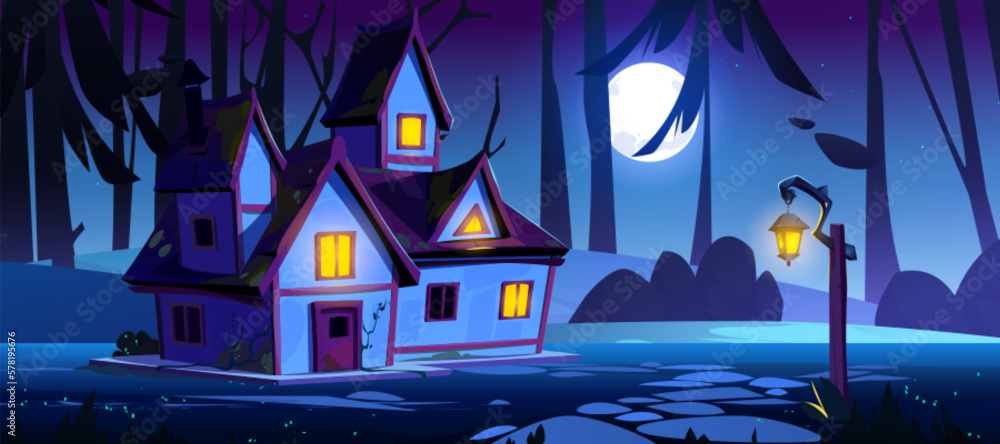 Witch house in forest landscape at night. Beautiful scary scene for ...
