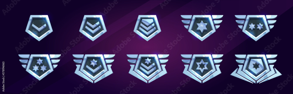 Set of military game rank badges isolated on background. Vector cartoon ...
