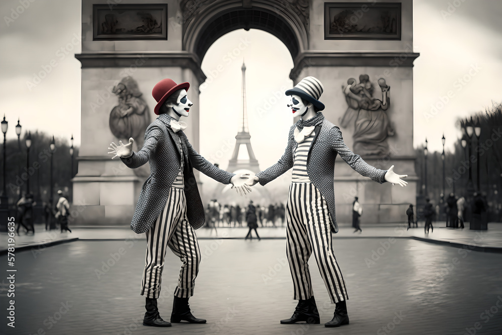 Two black and white french mimes being playful and funny in Paris ...