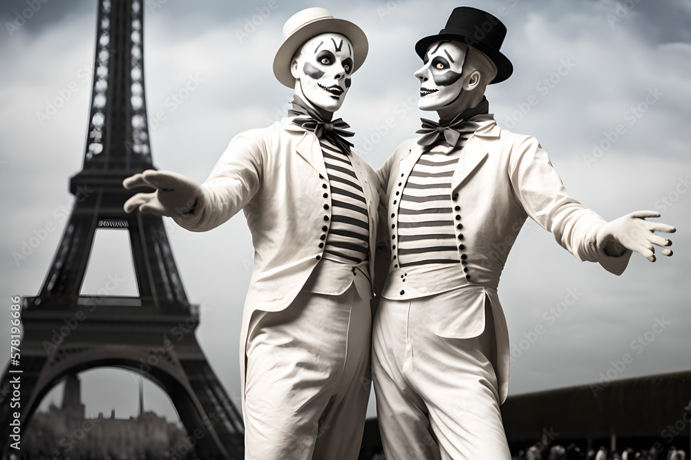 Two black and white french mimes being playful and funny in Paris ...