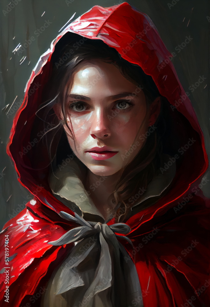 painting woman red cloak cute girl hood beautiful teen aged hoods young ...