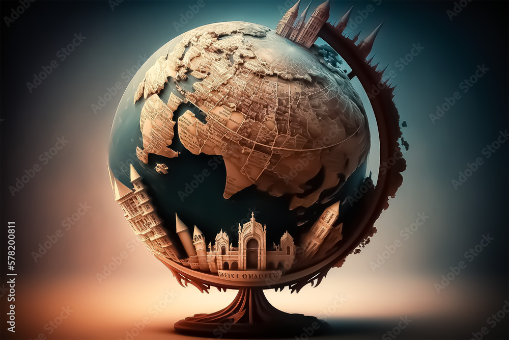 world monument concept favorite travel holidays place world map globe ...