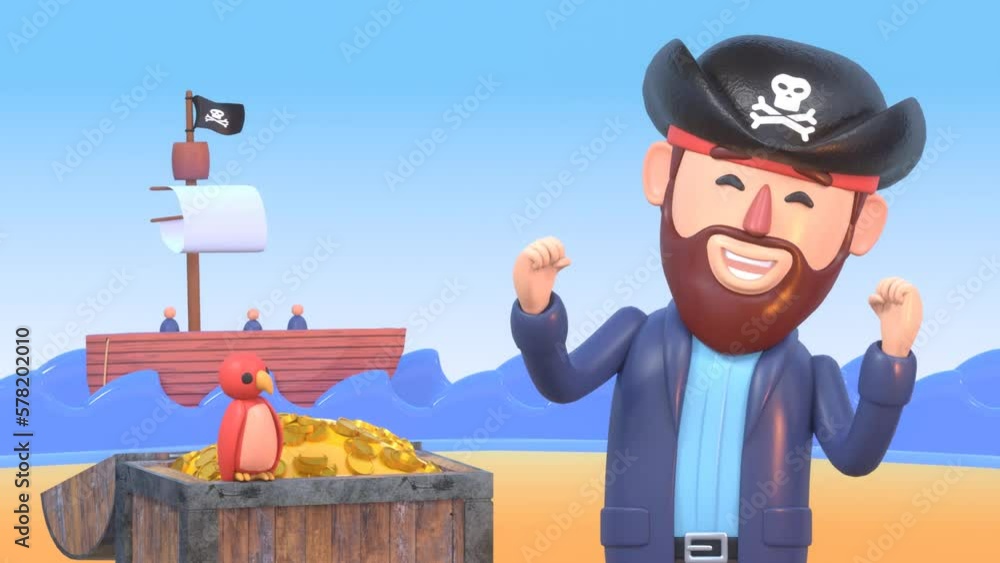 3d animation of pirate captain dancing near treasure chest with sailing ...