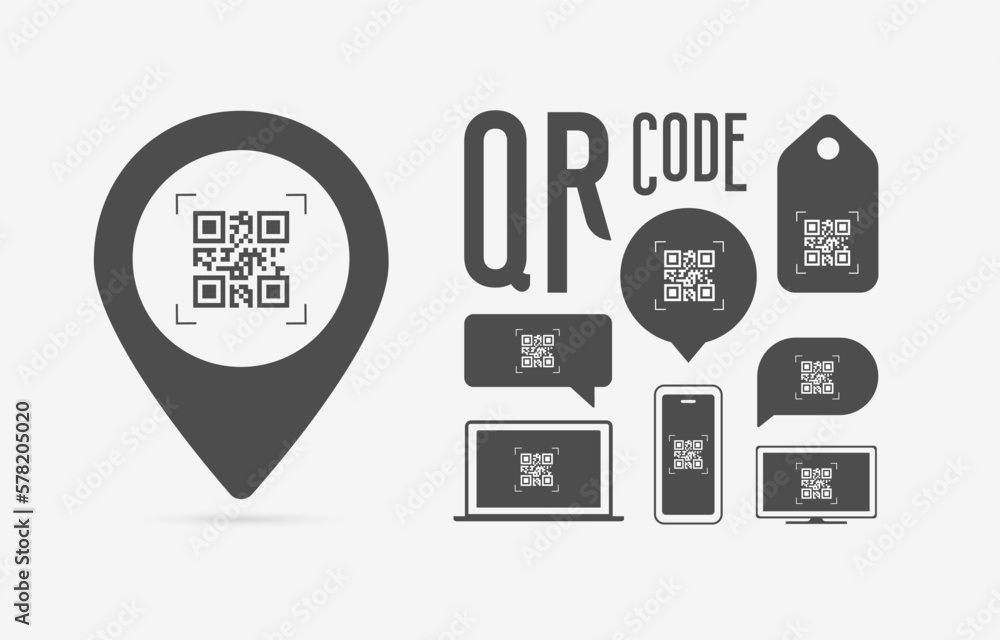 QR code illustration vector set. QR code on map pin icon, various chat ... QR code illustration vector set. QR code on map pin icon, various chat ...