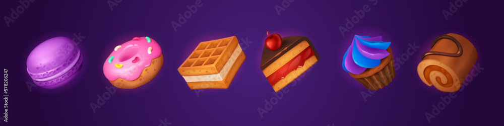 Cartoon set of game cake icons isolated on dark background. Vector ...