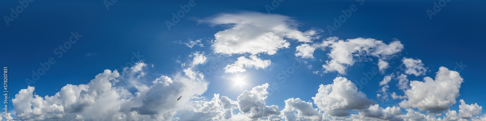 Blue sky panorama with puffy Cumulus clouds. Seamless hdr pano in ...