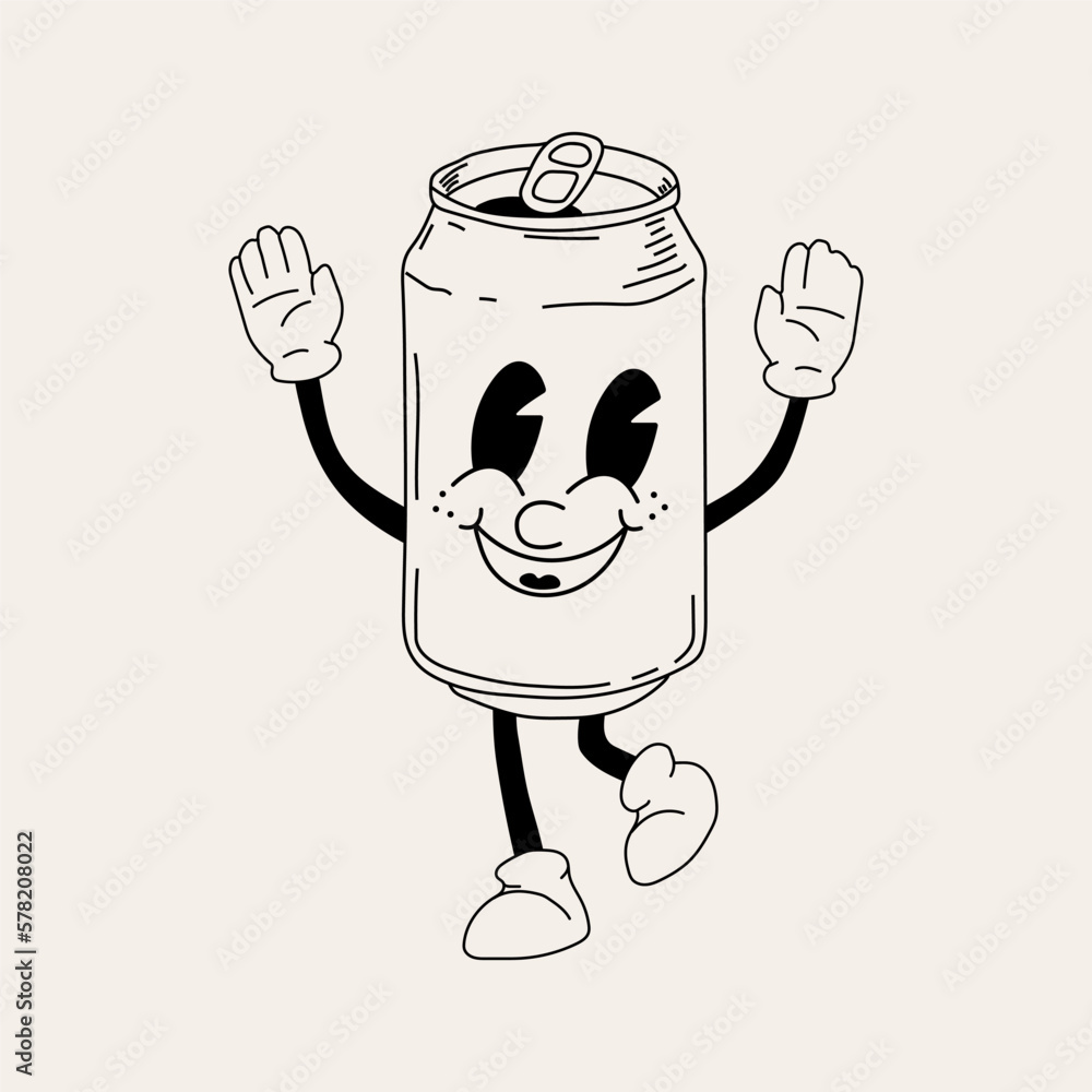 Retro Soda can mascot. Cute character in trendy retro 60s 70s cartoon ...