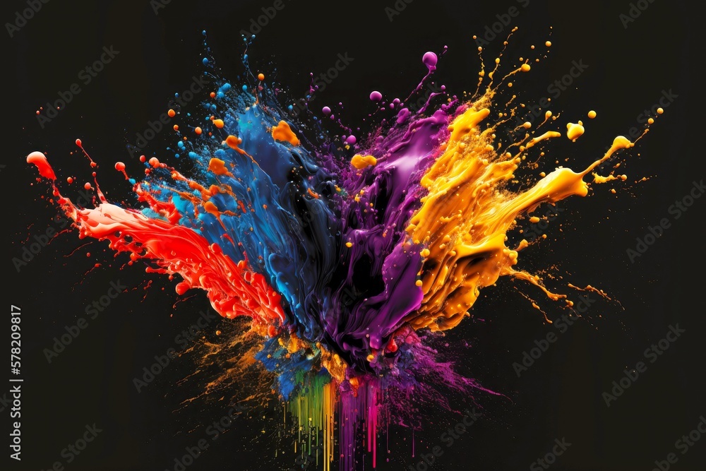 explosion of colorful paint on black background with splashes and drips ...