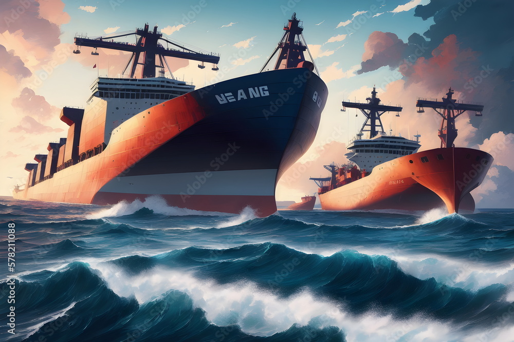 Cargo container ship through the ocean waves crashing cargo ...