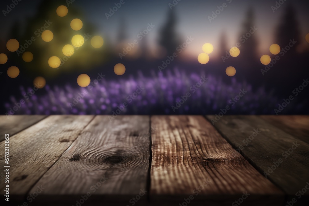 Aged wooden table with blurred lavender field background for product ...