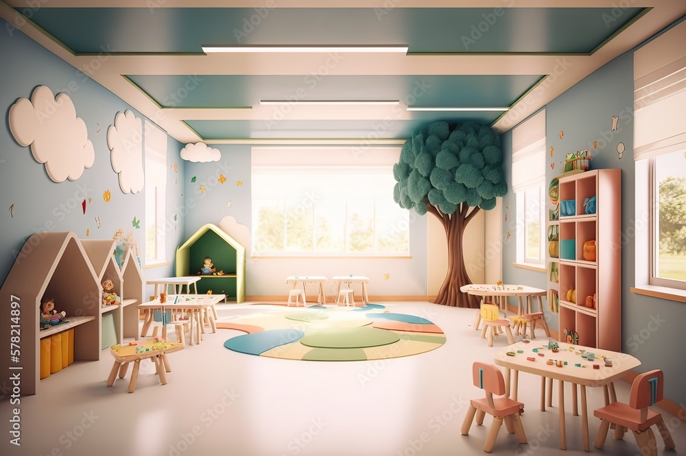 Modern Preschool Classroom Interior: Empty. Photo generative AI Stock ...