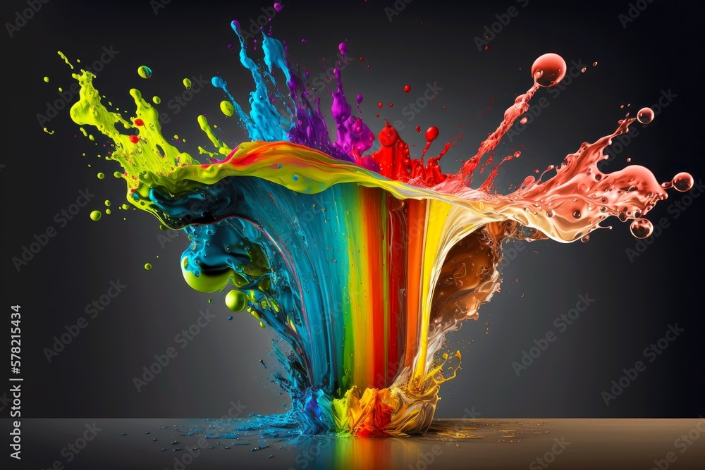 explosion of colorful paint and rainbow peeling off surface in splashes ...