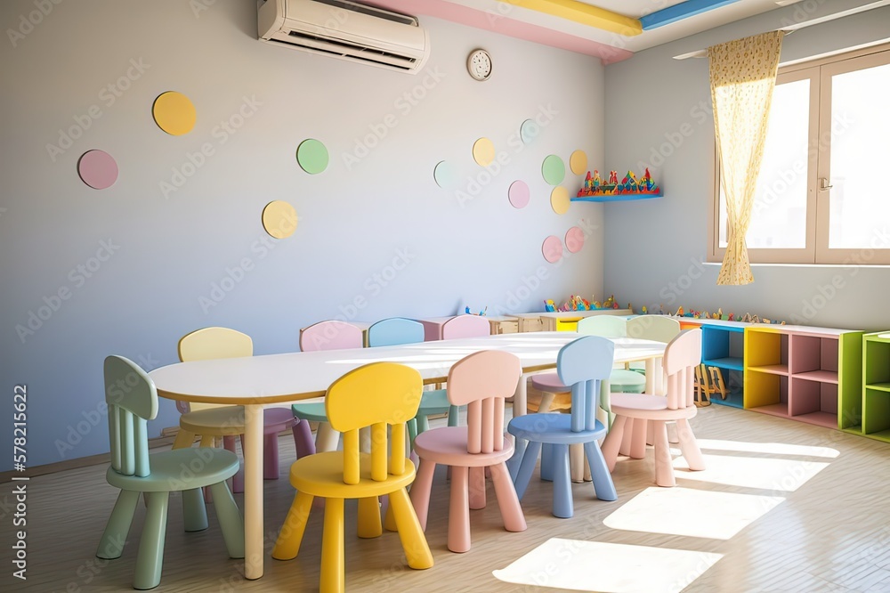 Kindergarten Classroom With Tables, Chairs, Toys. Photo generative AI ...