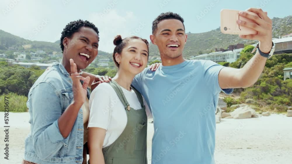 Peace sign, selfie and smile with friends at beach for bonding, summer ...