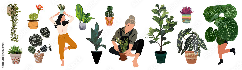 Set of happy women caring about potted plants. Young girls gardening ...