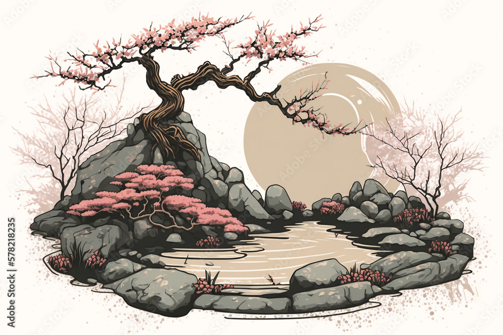 Cherry tree and japanese garden, traditional japanese painting Stock ...