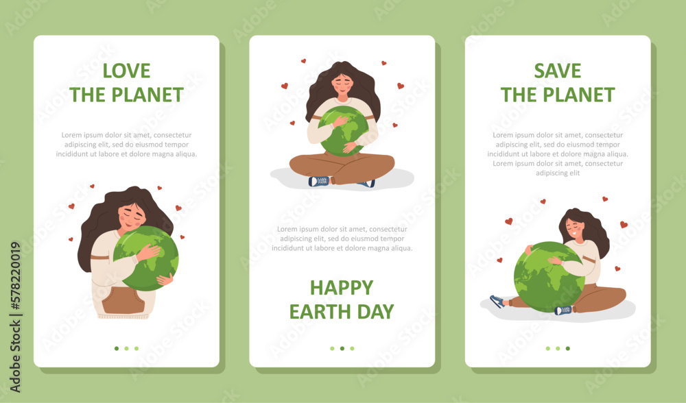 Earth day illustrations. Set of vector posters. Cute girl holding ...