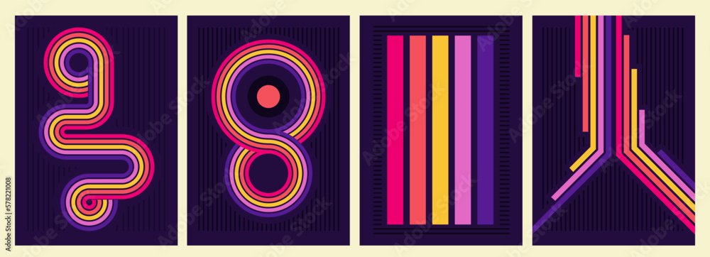 retrofuturism poster design in trend retro line style and neon colors ...