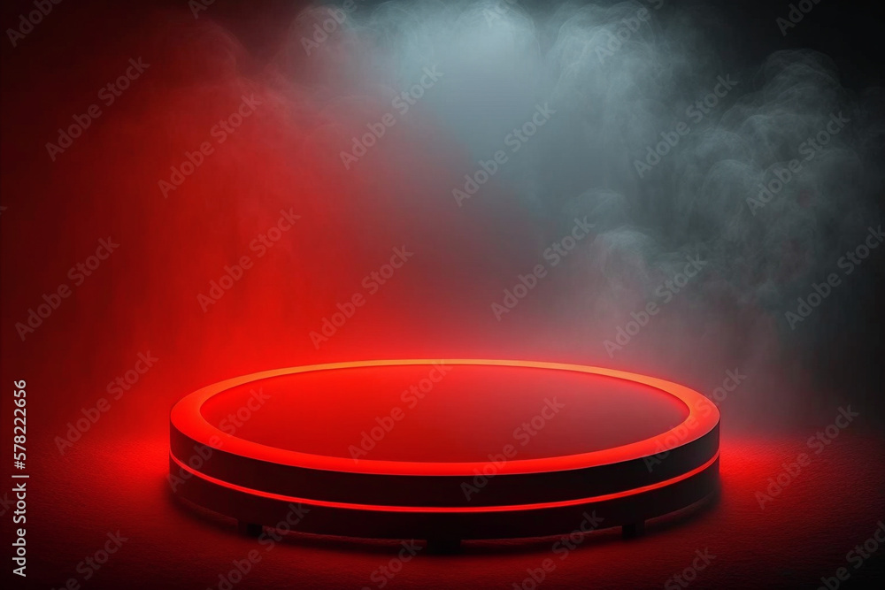 Red neon product showcase, round display platform stage with smoky hazy ...
