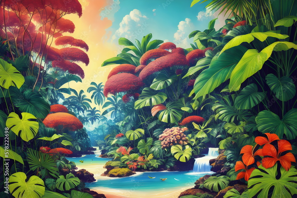 Tropical Leaves lush green forest exotic jungle background banner with ...