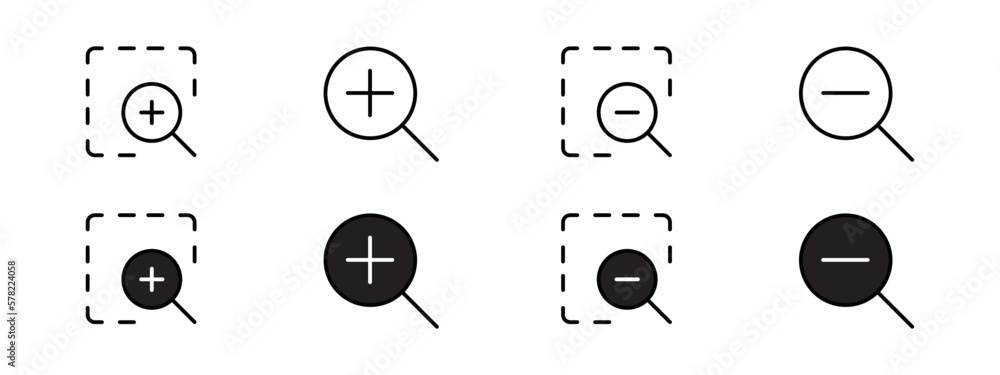Zoom in and Zoom out icon set. Magnifying glass with plus and minus symbol isolated on white ...