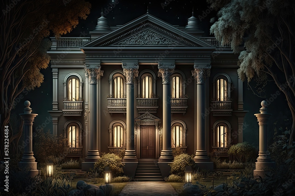 old mansion with columns in facade and yard lighting exterior of a ...