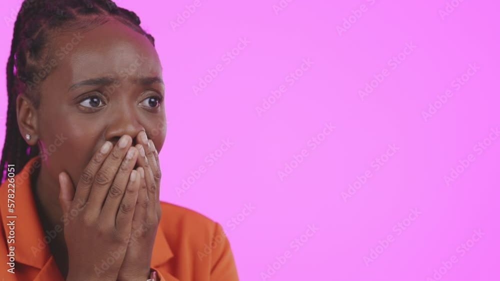 Black woman, fear face and surprise on studio, pink background and ...