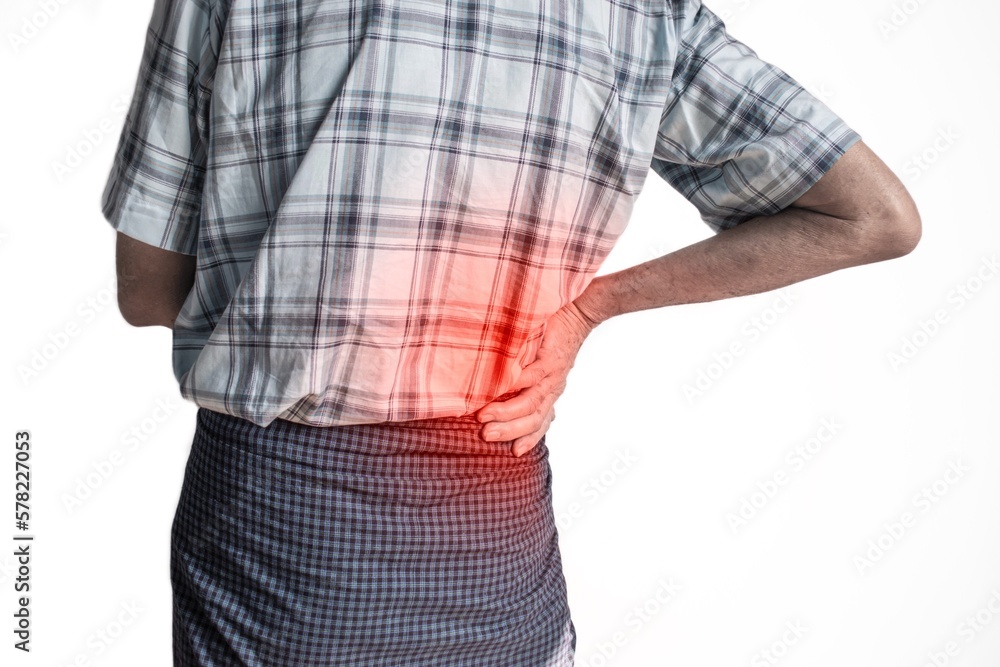 Asian man suffering from right sided low back and loin pain. It can be ...