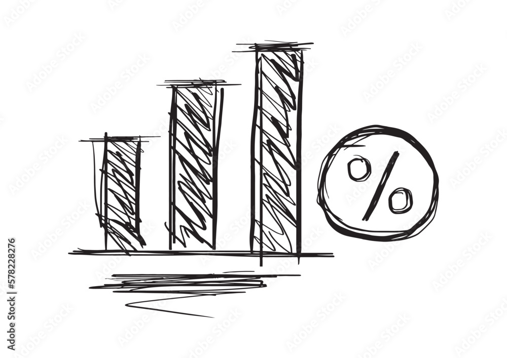 hand drawn bar chart. percent symbol in circle drawn by hand. bar chart ...