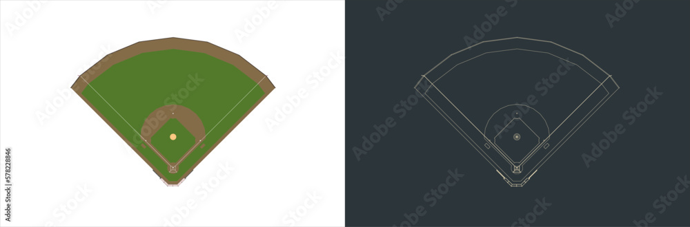 Vector Baseball field Technical Illustration line art on the blueprint ...