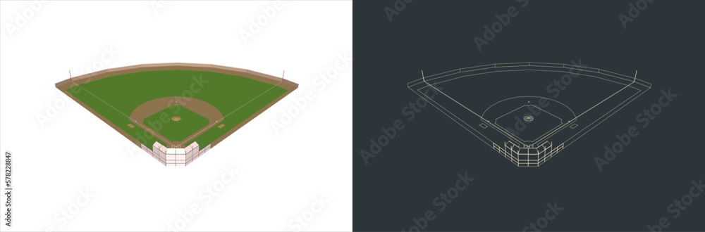 Vector Baseball field Technical Illustration line art on the blueprint ...