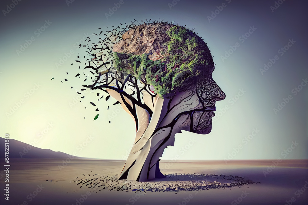 Human memory loss, dementia, alzheimer desease. Tree in a form of human ...