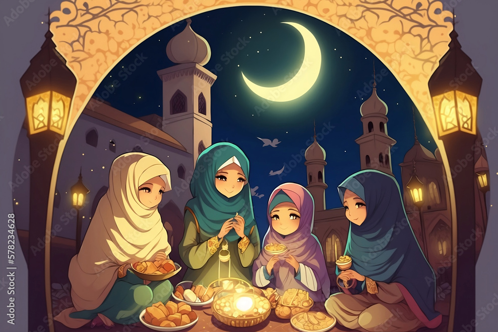 four Muslim hijab girls family joyful gathering dinner in front of ...