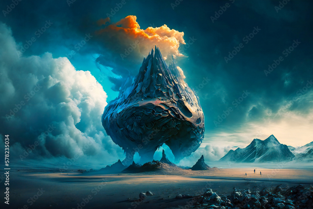 Gigantic alien structure surrounded by clouds on a strange blue alien ...