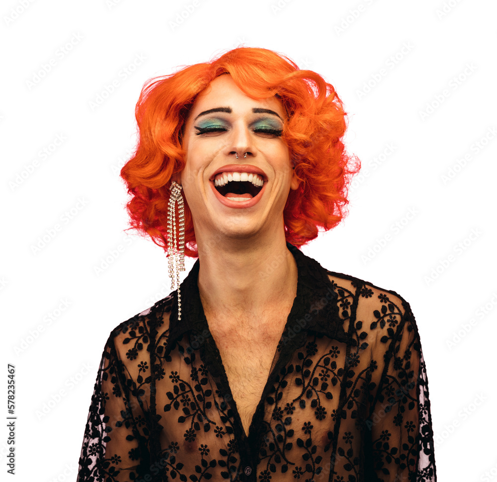Glamorous drag queen laughing happily while isolated on a transparent ...