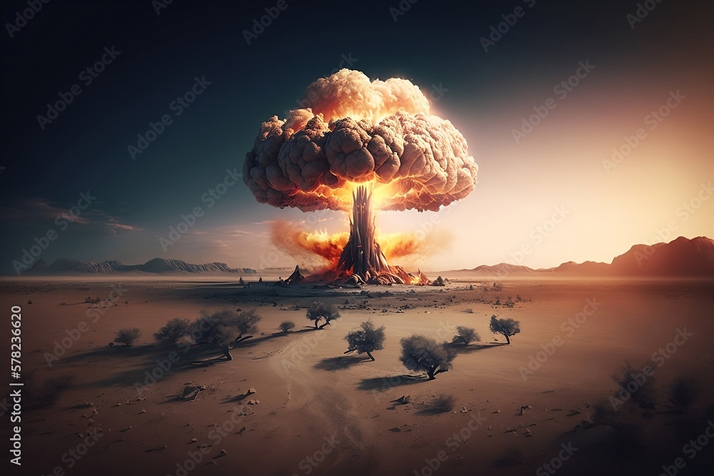 Nuclear explosion. Word nuclear war. Nuclear mushroom over water ...