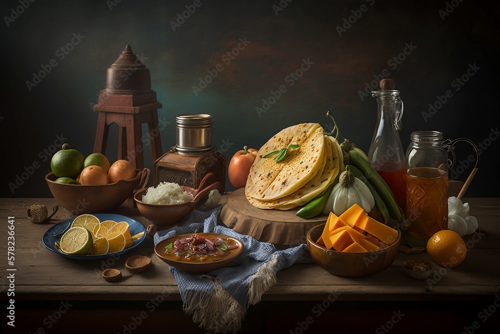 Colombian food. Traditional spicy colombian dishes on the table with ...