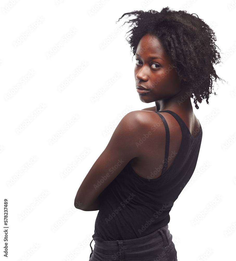 The African black woman from Jamaica slightly leans back confidently ...