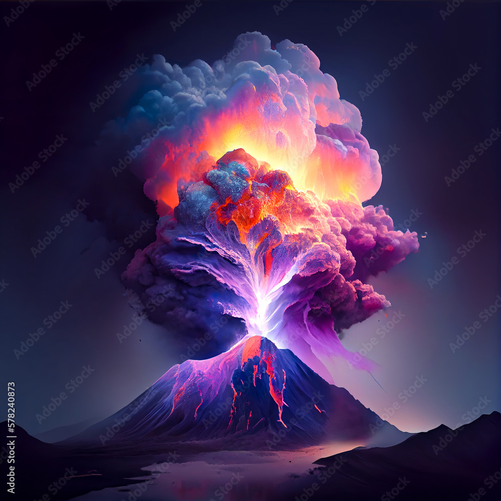 Abstract colorful landscape of a huge exploding volcano, eruption of ...