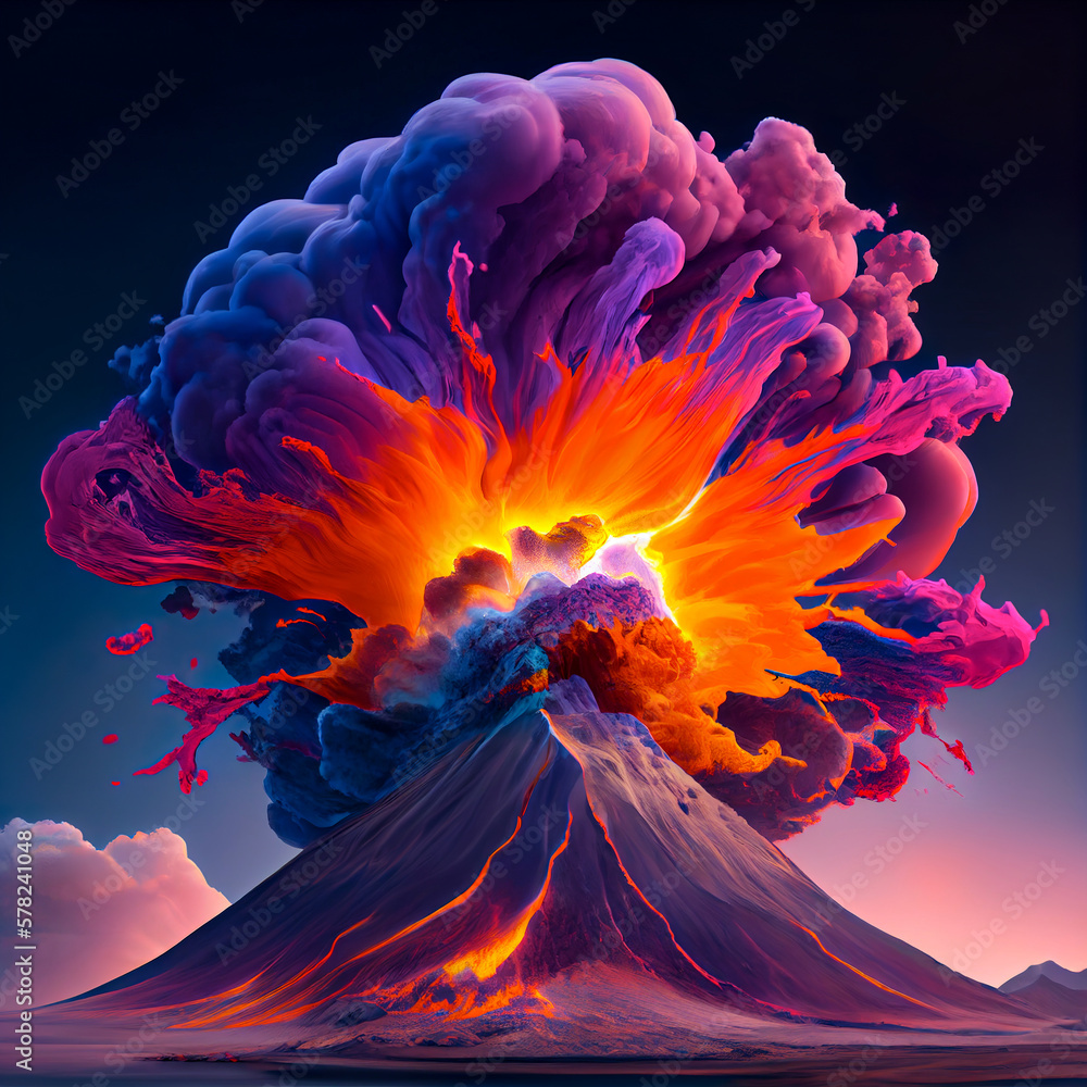 Abstract colorful landscape of a huge exploding volcano, eruption of ...