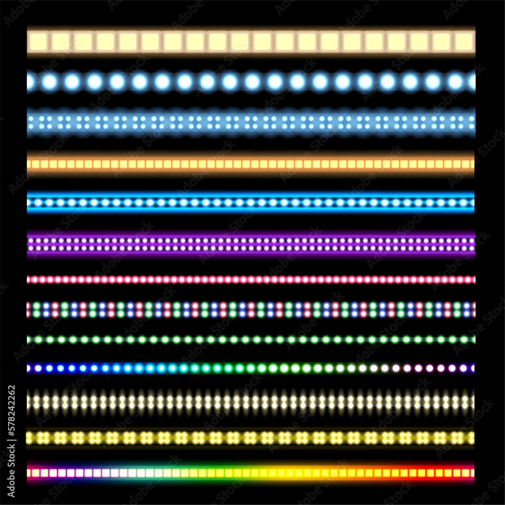 Light stripes. Glowing LED lights on tape, neon glow light effect and ...
