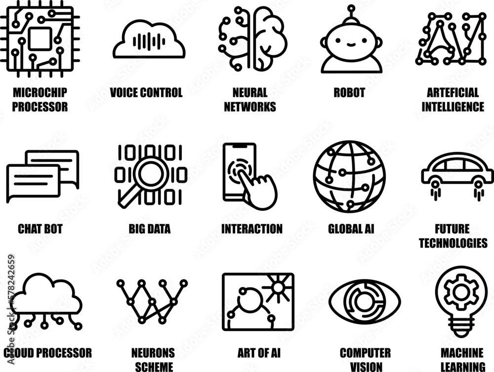 Artificial intelligence icon set in line style. Machine learning, robot ...