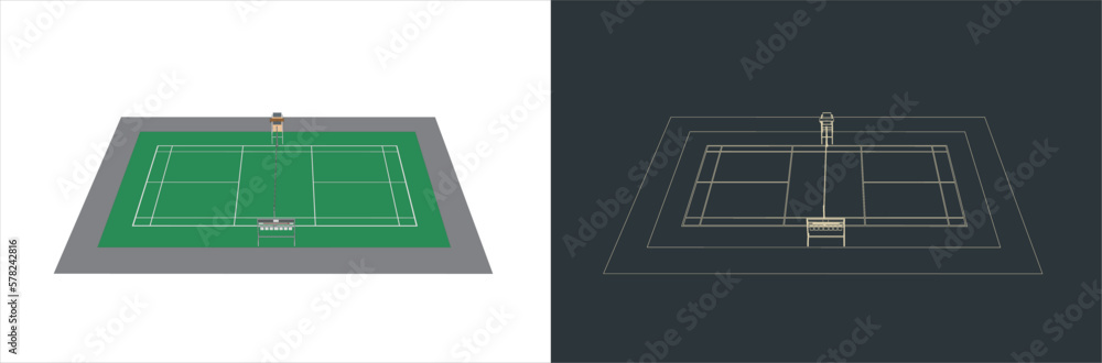 Vector Badminton court Technical Illustration line art on the blueprint ...
